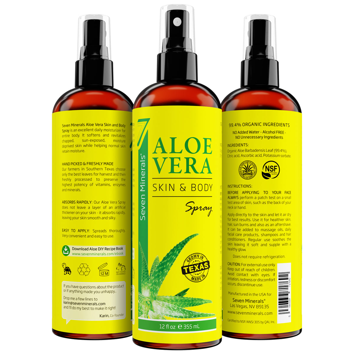 Aloe Vera SPRAY for Face, Skin & Hair, 12 Oz ~ Seven Minerals